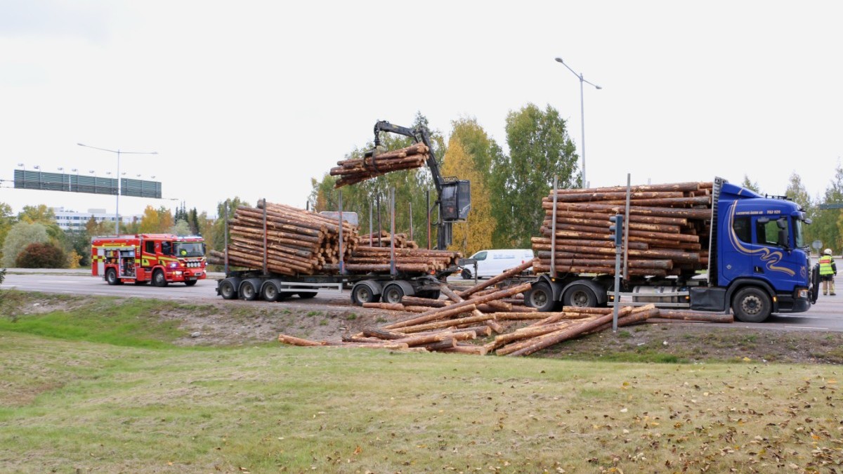 Lastbil tappade delar av timmerlasset över vägen